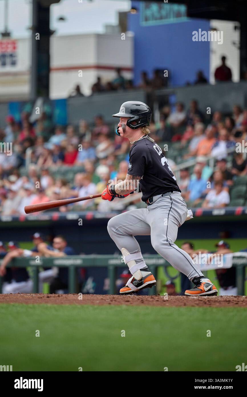 Detroit Tigers Max Clark (38) hits a double during an MLB Spring ...