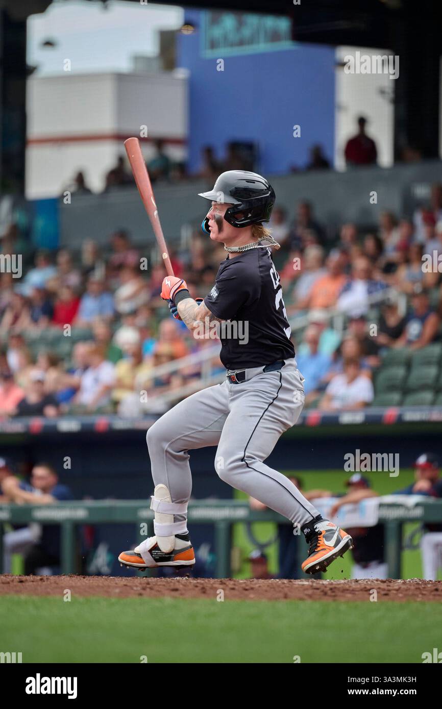 Detroit Tigers Max Clark (38) hits a double during an MLB Spring ...