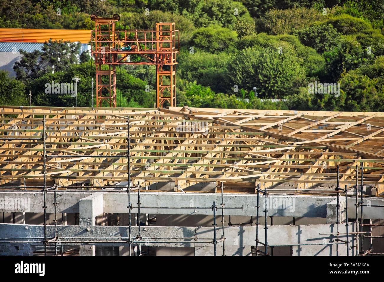 roof trusses wood, incomplete roofing, on a business, industrial ...