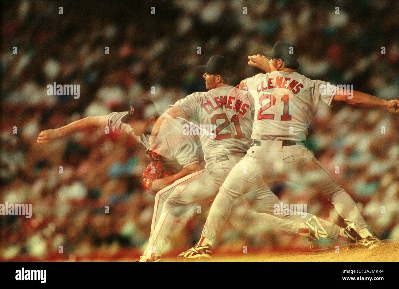 Boston Red Sox hurler Roger Clemens pitching motion is shown in a ...