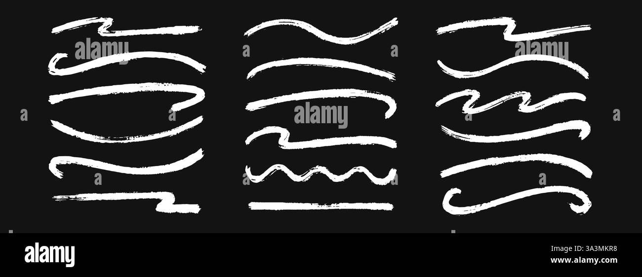 Hand drawn chalk wavy, zigzag straight line collection. White pastel ...