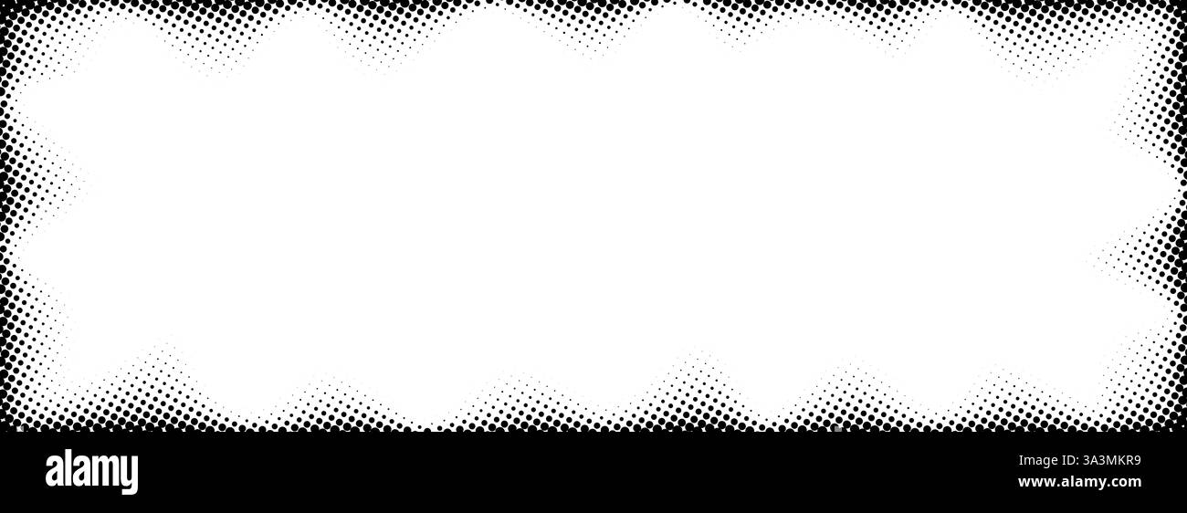 Halftone rectangle grain frame. Black comic dotted wavy border. Pop art ...