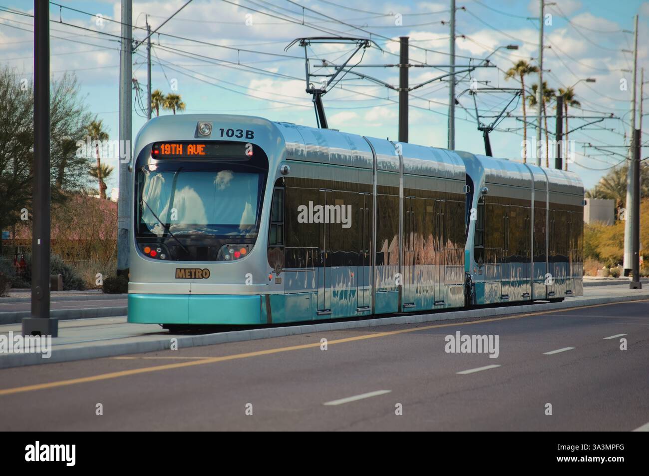 Valley Metro Light Rail train in Phoenix, Arizona, traveling along city ...