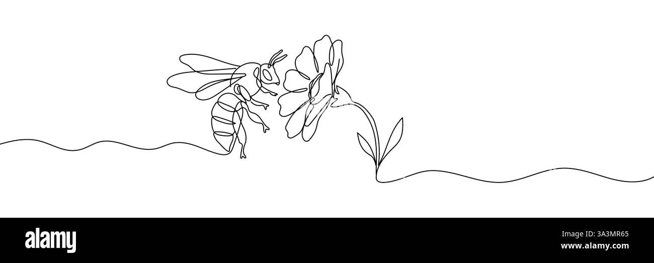 Continuous one line drawing of flaying bee and flower. Hand drawn ...