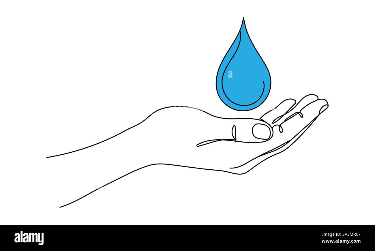 Single continuous line drawing palms catch the water droplets. Water ...