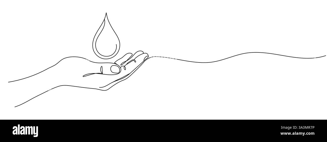 Single continuous line drawing palms catch the water droplets. Water ...