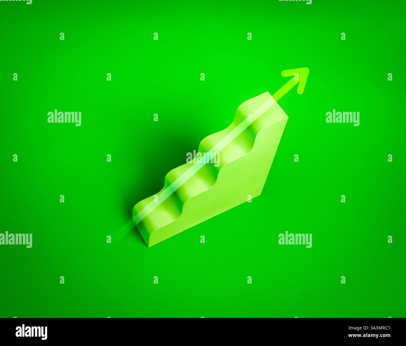 Shining rise up arrow on white bar graph chart steps, light green tone ...