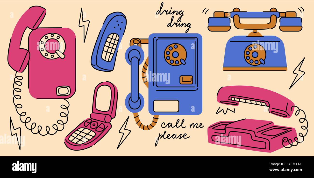 Vintage phones set isolated on background. Vector cartoon illustration ...