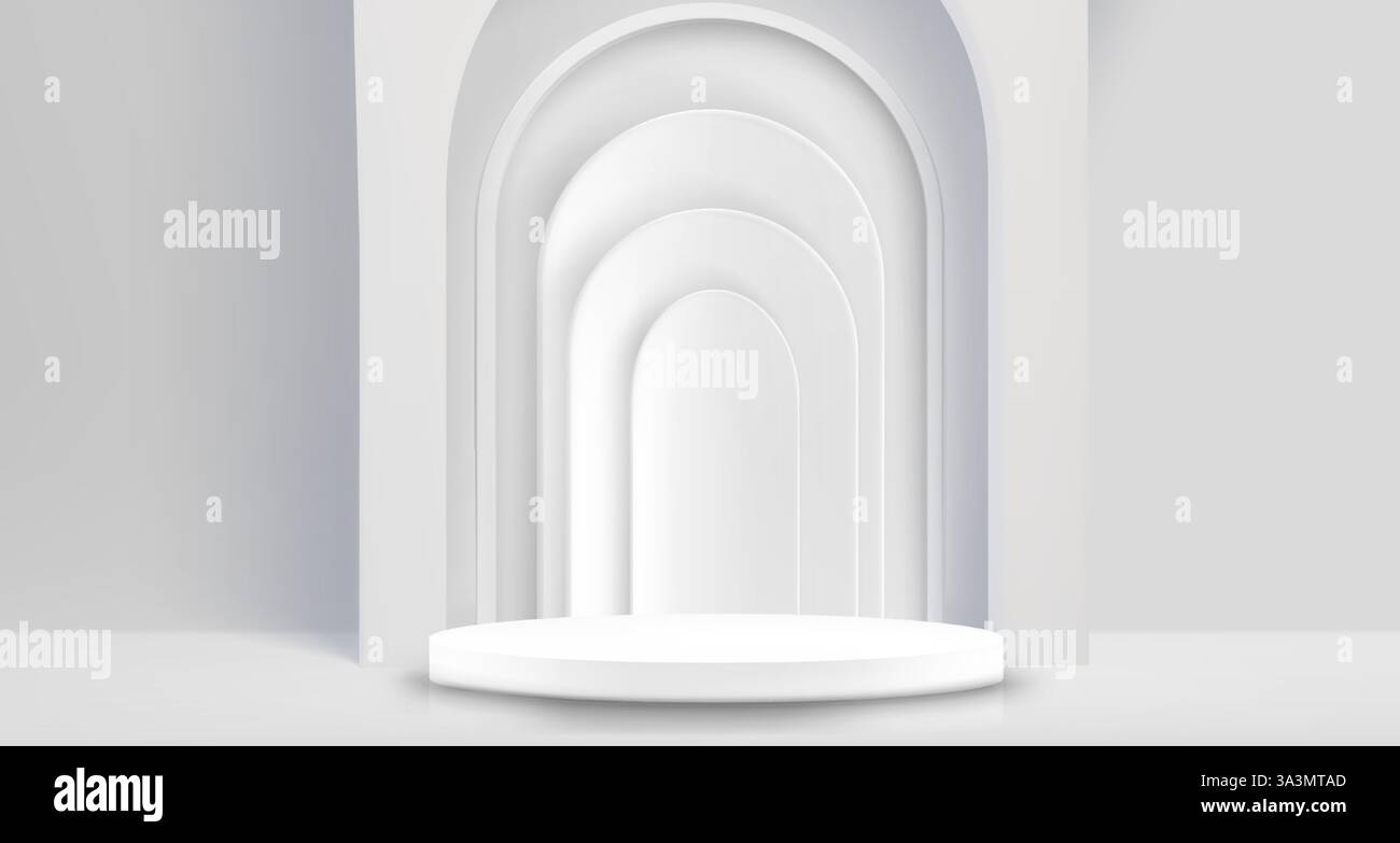 White round podium on arch alcove background. Cylindrical platform, stage with arched niche wall ...