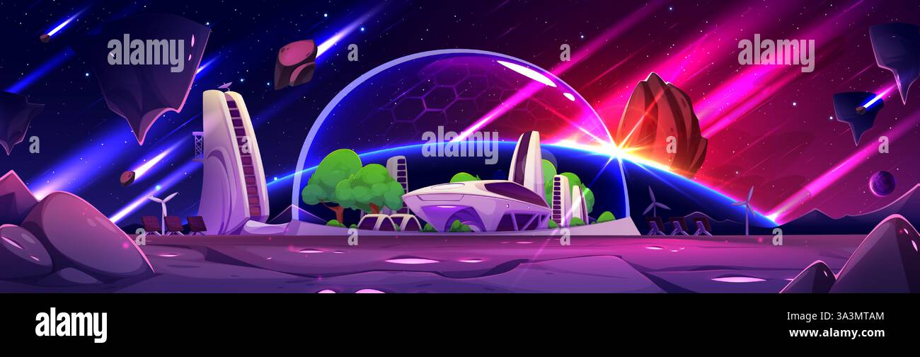 Space station on Mars - futuristic base with glowing dome modules, rock ...