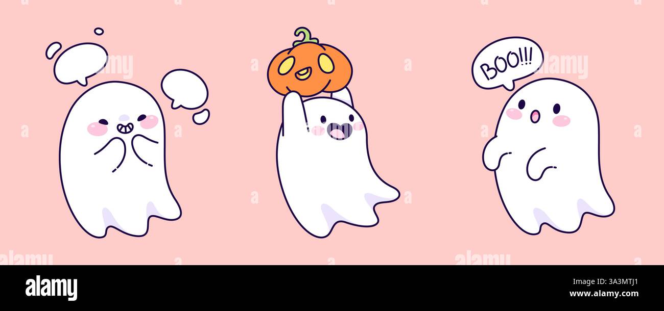 Kawaii ghost characters with cute faces - blushing cheeks with empty ...
