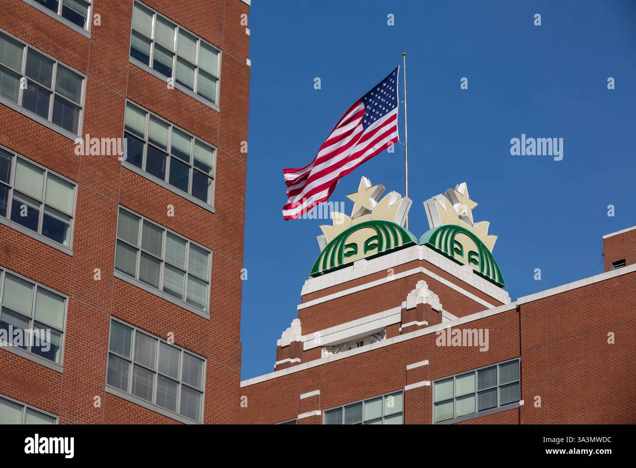 Seattle, Washington, USA. 16th March 2025. The American Flag flies over ...