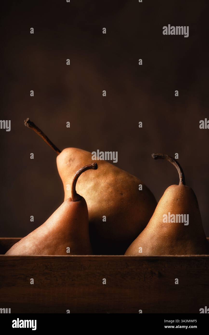 Fruit Still Life. Three Bosc Pears in a wooden box with mottled brown ...