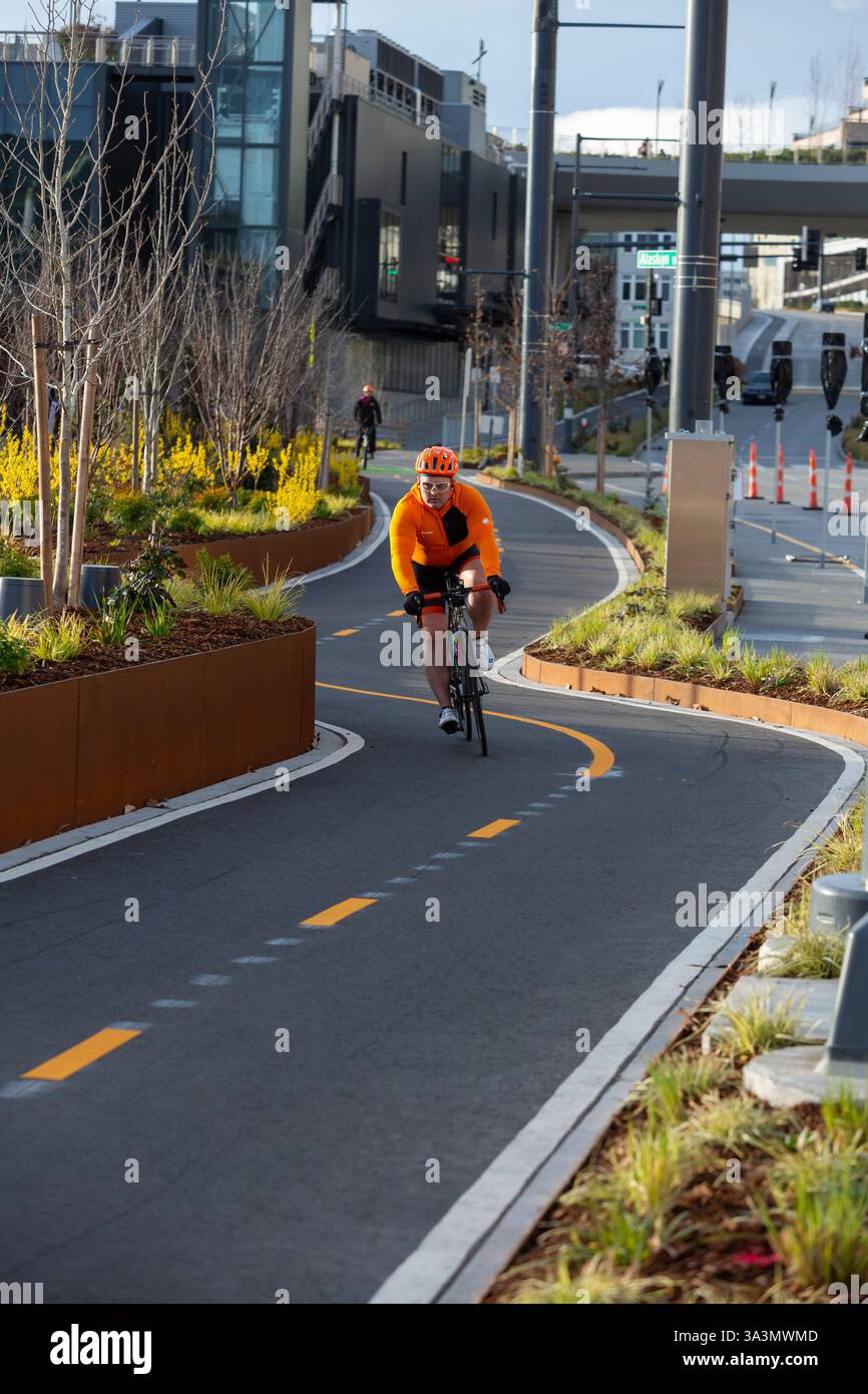 Seattle, Washington, USA. 16th March 2025. A cyclist rides the newly ...