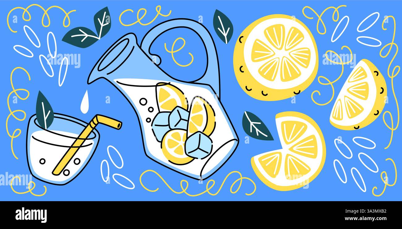 Beverage doodle set - glass and pitcher of summer refreshing lemonade ...