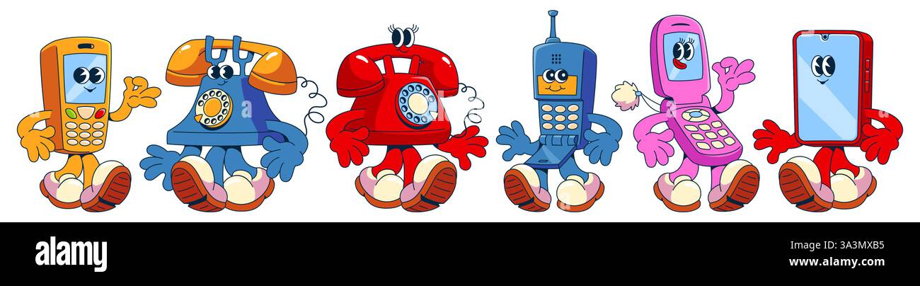 Retro cartoon telephone characters set - smiling smartphones, landline ...
