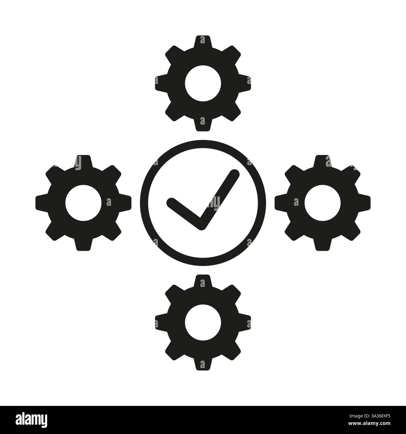 Gears with checkmark. Industrial approval sign. Mechanical process symbol. Black vector element ...