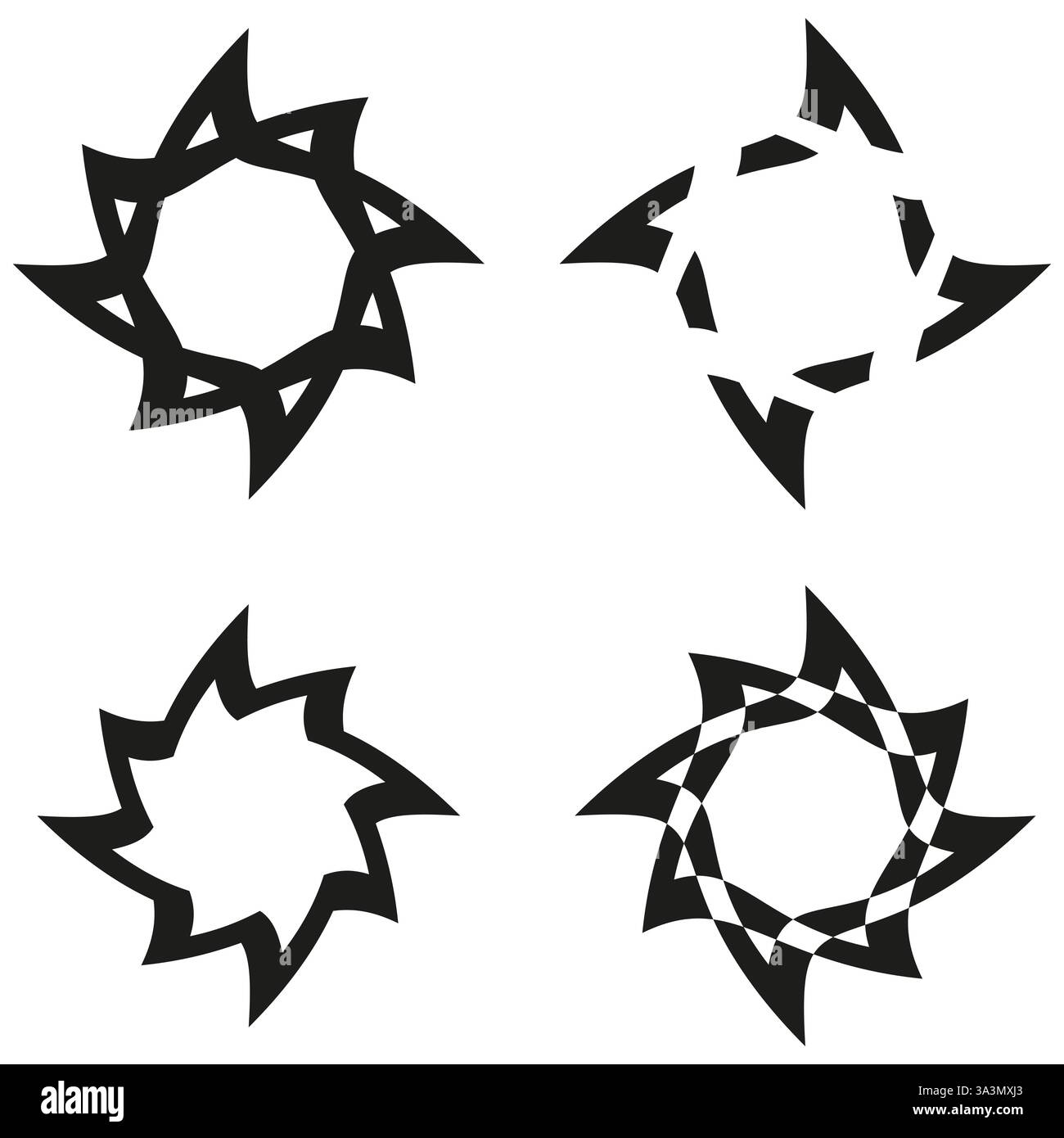 Sharp star icons. Geometric abstract shapes. Rotating design elements. Black minimalist symbols ...