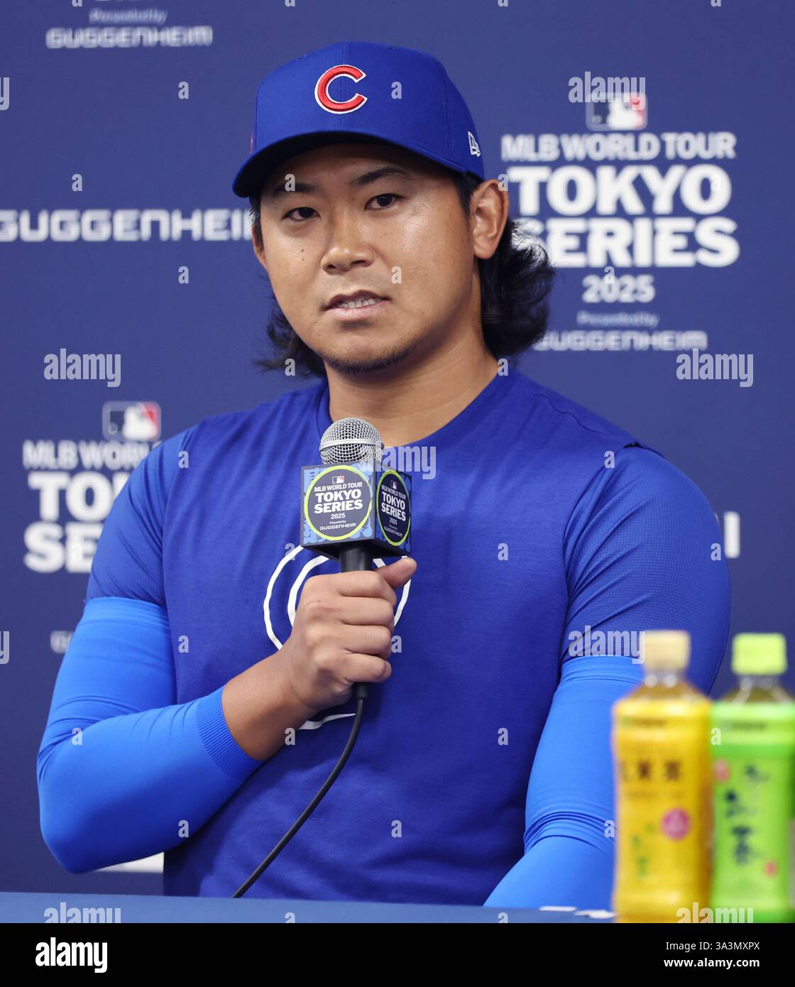 Japanese pitcher Shota Imanaga of Chicago Cubs attends a press ...