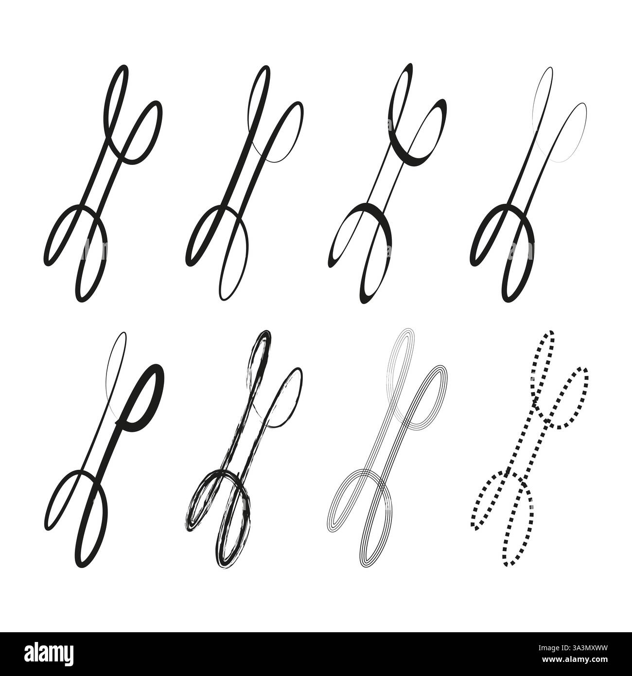 Scissors variations set. Abstract cutting symbols. Thin and bold lines ...