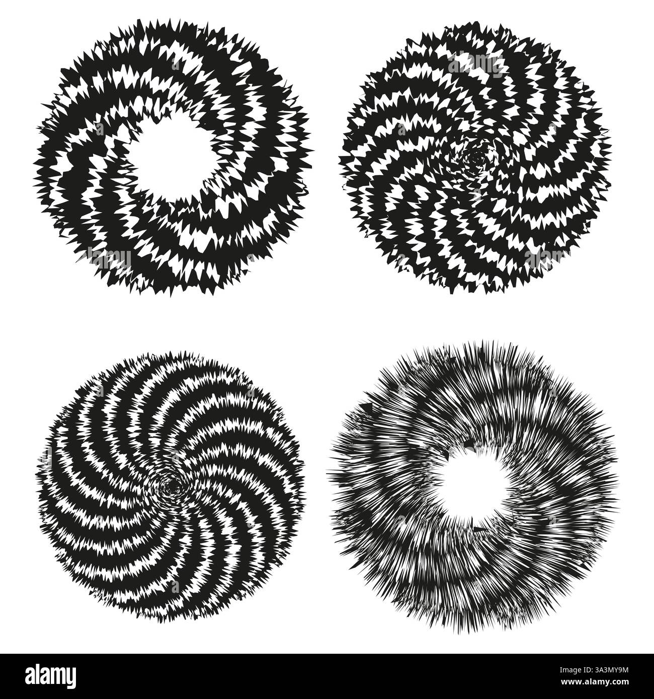 Sharp vortex circles. Abstract spiral patterns. Black shape contrast ...