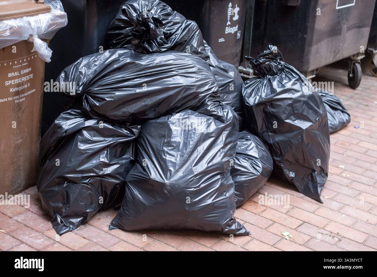 Übervolle Mülltonnen auf dem Hof eines Berliner Wohnhauses. Derzeit ...