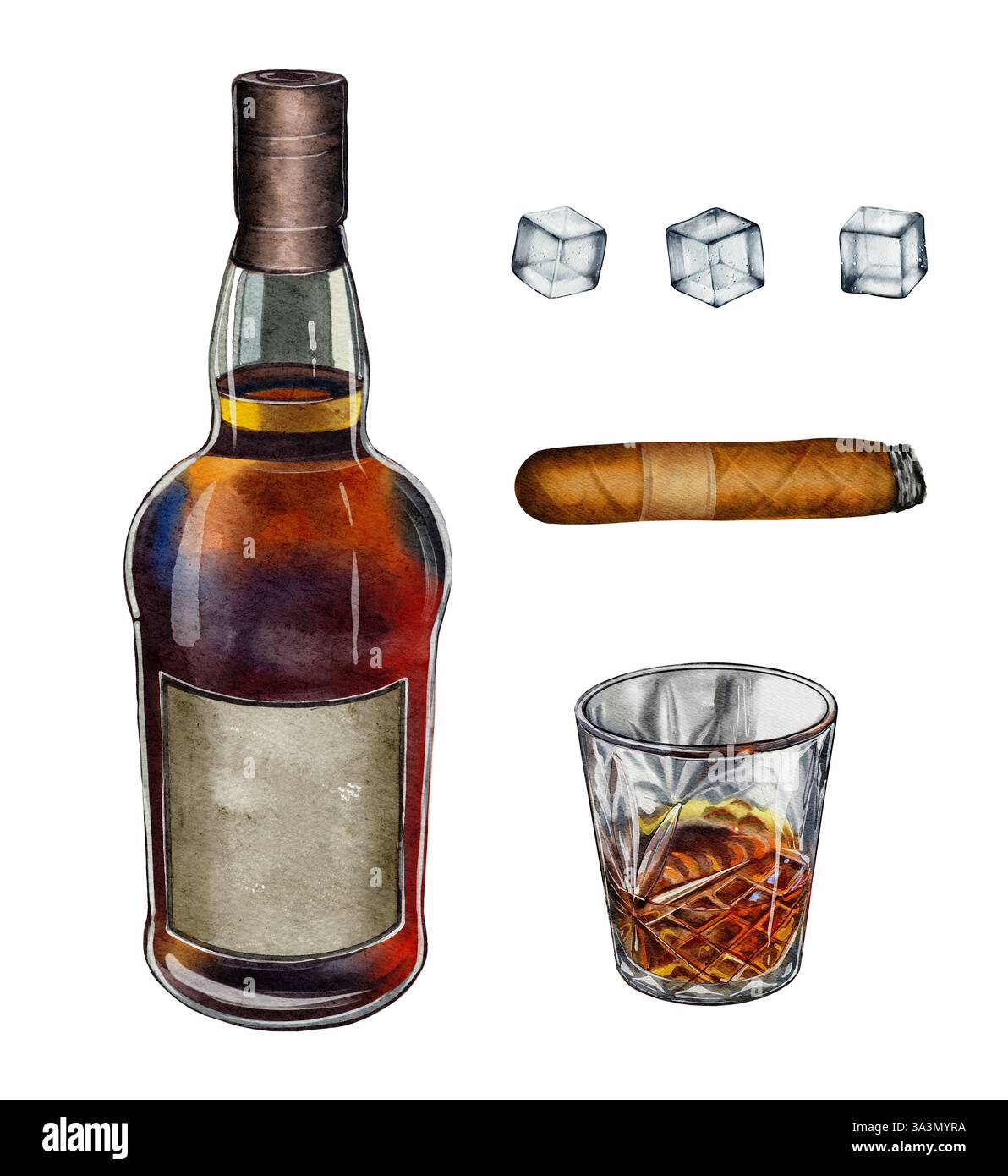 Hand-painted watercolor illustration of a whiskey bottle, glass with ...