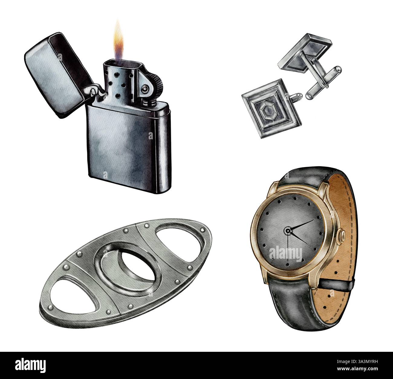 Stylish watercolor set of men's accessories: lighter, wristwatch ...