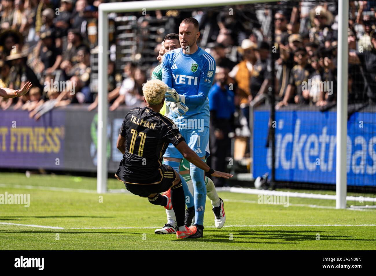 Austin FC goalkeeper Brad Stuver (1) gets a yellow card after shoving ...