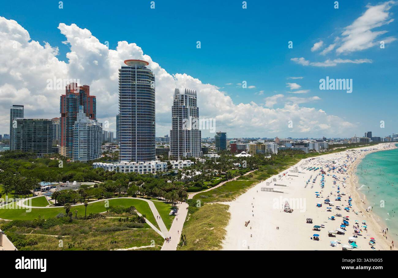 Aerial view of Miami Beach with turquoise waters. Drone shot of Miami ...