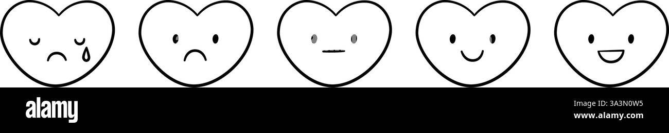 Cute doodle heart face icon set. Smile, sad and cry heart. Love kawaii ...