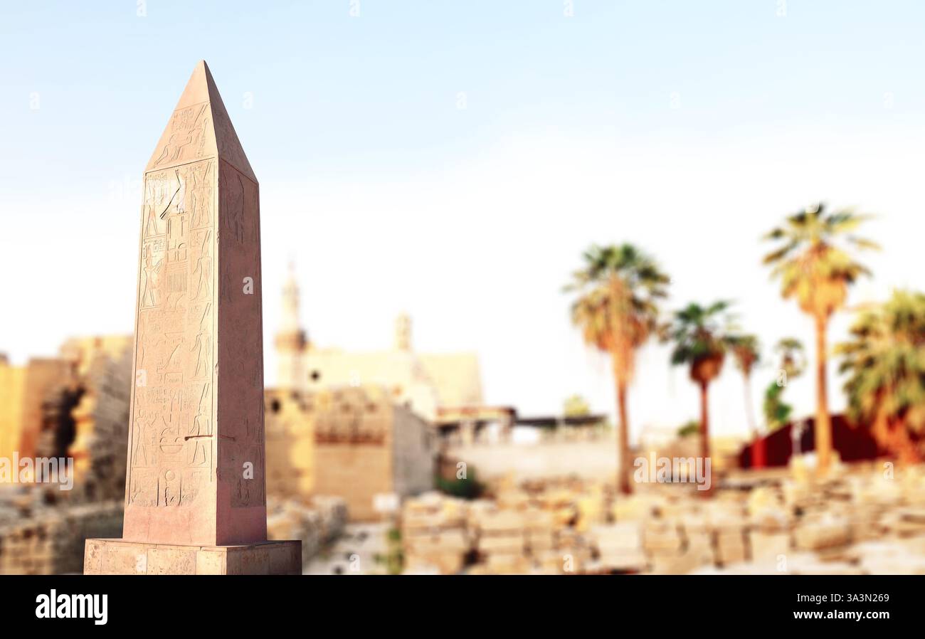 Horizontal banner with ancient egyptian granite obelisk, palm and ...