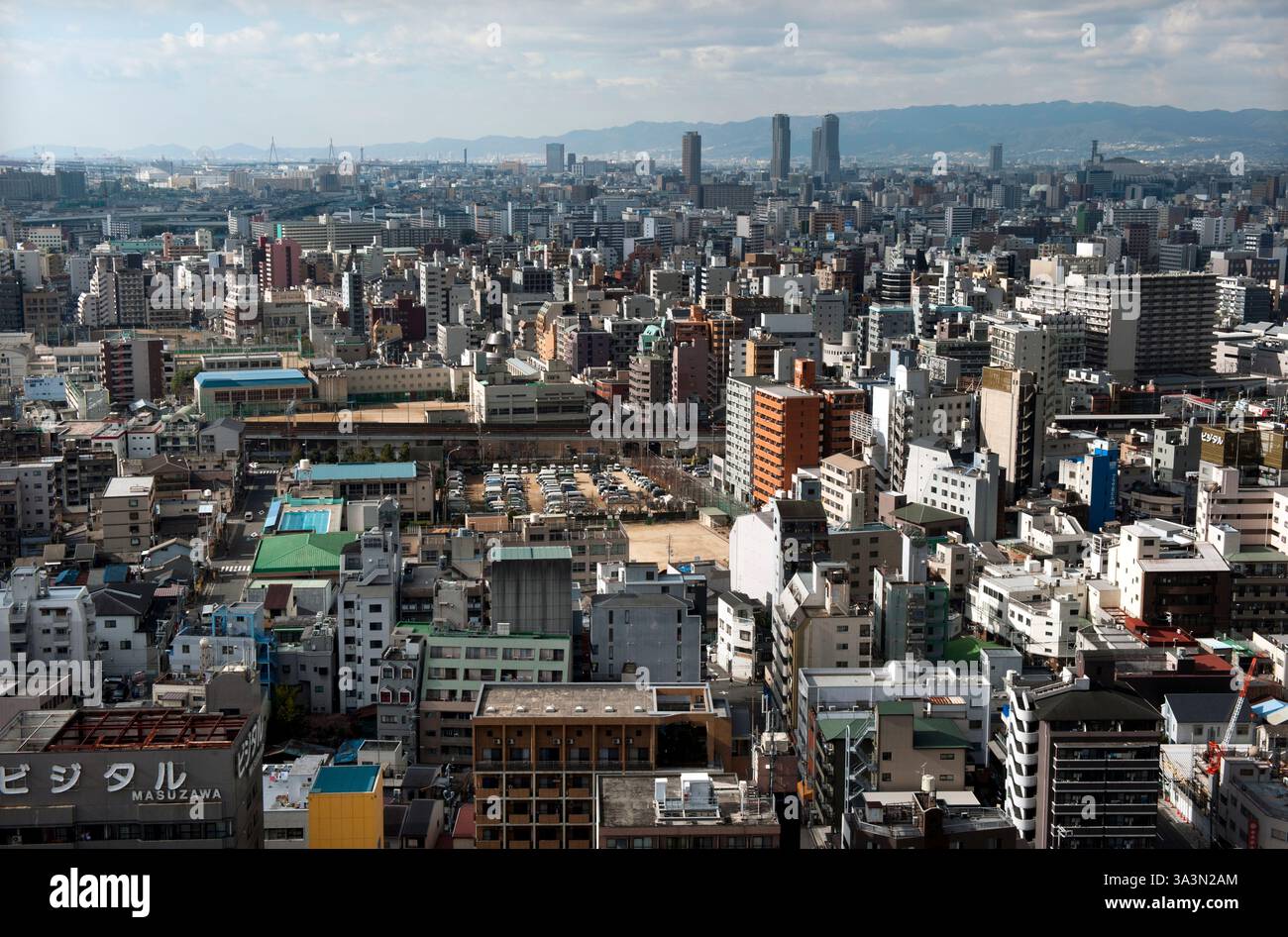 Aerial view of Osaka seen from Tsutenkaku Tower observation deck in ...