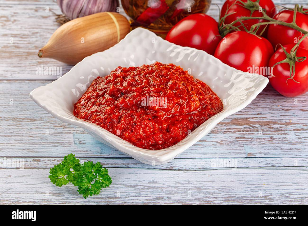 Bulgarian traditional lutenica pepper sauce dip Stock Photo - Alamy