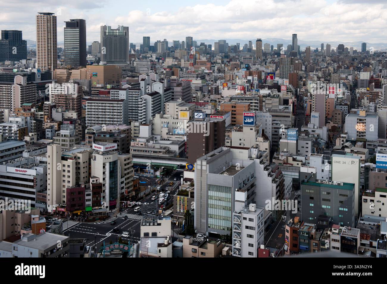 Aerial view of Osaka seen from Tsutenkaku Tower observation deck in ...