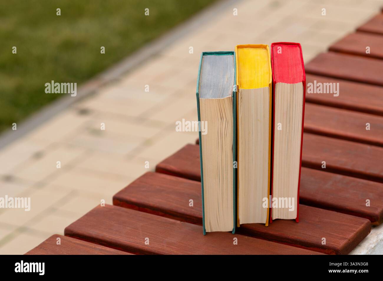 Three hardcover books vertically placed on wooden park bench Stock ...