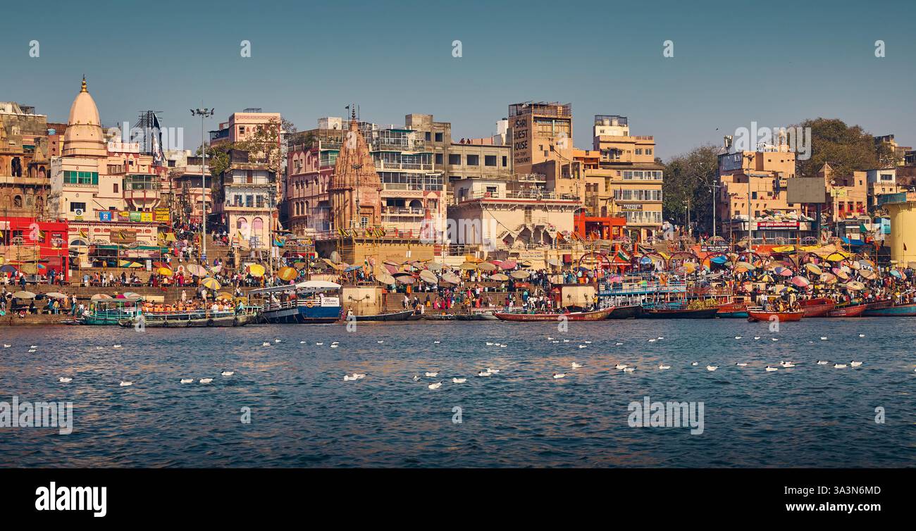 Varanasi, India - March 07, 2025: Main ghat at Ganges river in Varanasi ...