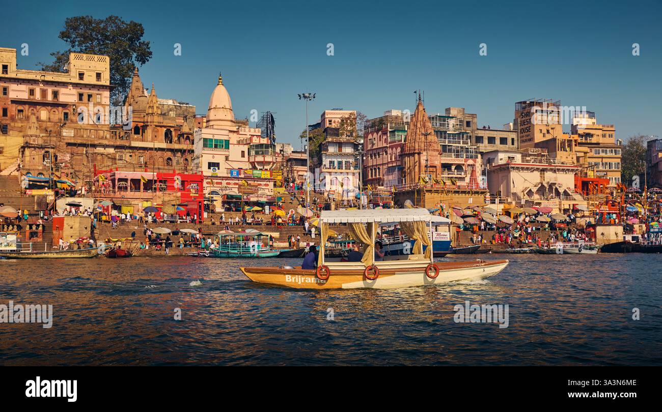 Varanasi, India - March 3, 2025: Main ghat at Ganges river in Varanasi ...