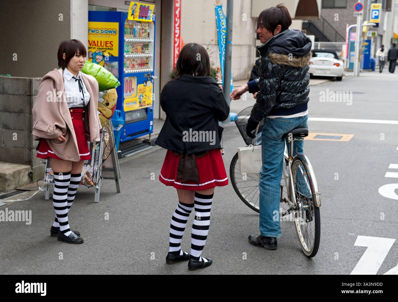 Maid cafe girls in cosplay-style costumes talk with a potential ...