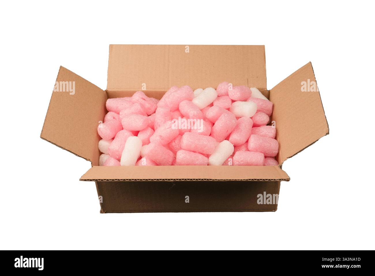 Cardboard box and white filling material in it isolated on a white ...