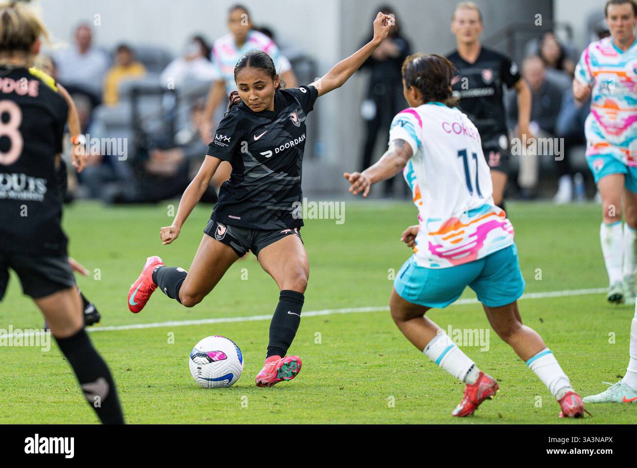 Angel City FC forward Alyssa Thompson (21) takes a shot during a NWSL ...