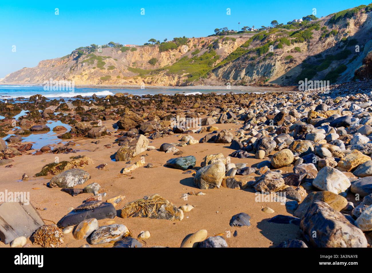 Vibrant coastal landscape featuring a rocky beach lined with pebbles ...