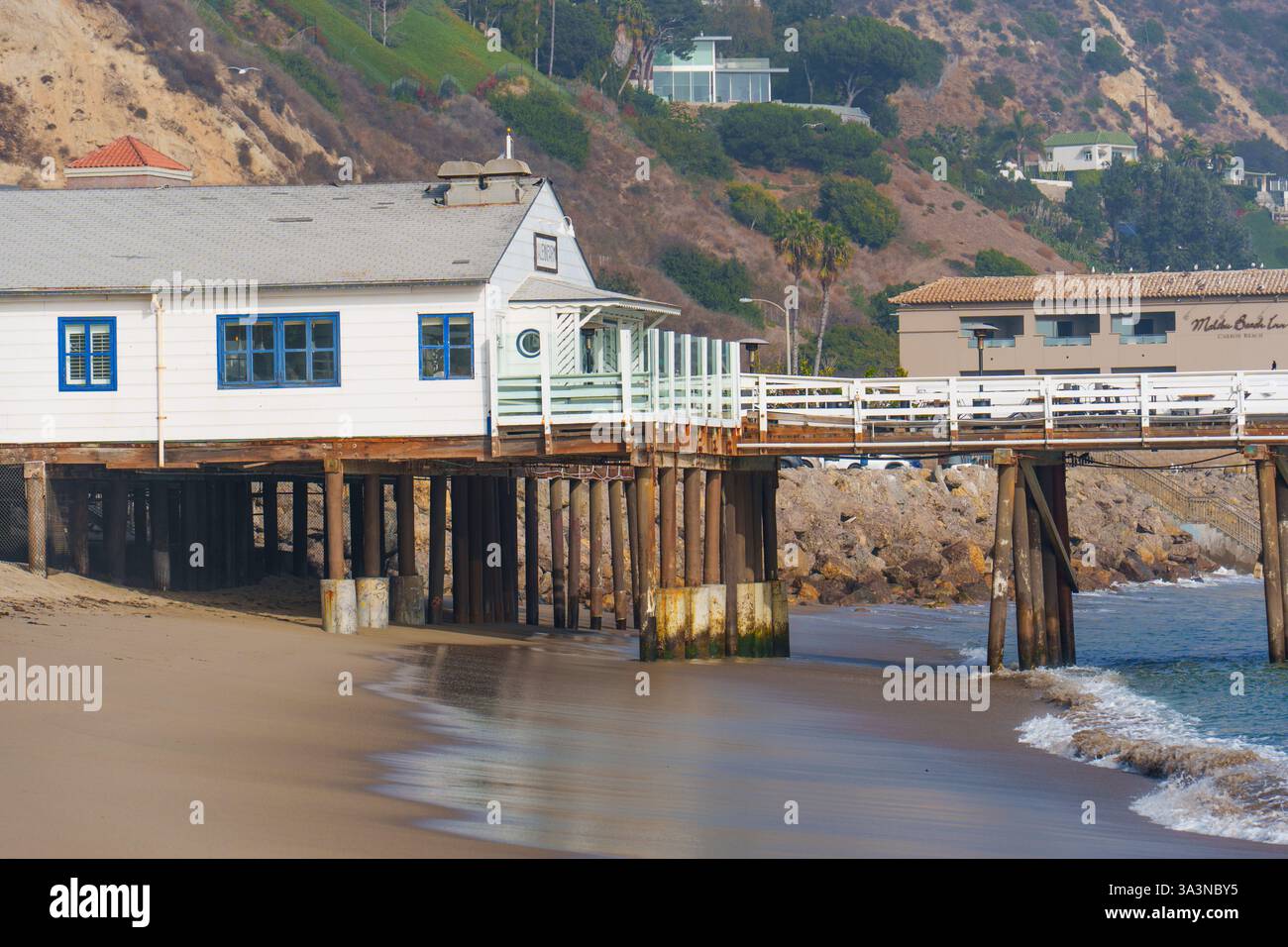 Malibu, California - December 21, 2024: Scenic view of Malibu Pier featuring the Malibu Farm ...