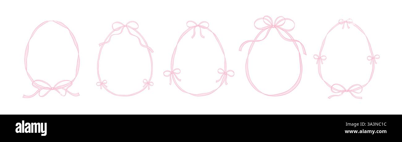Set of cute filigree bow ribbon whimsical wavy borders. Easter egg pink ...