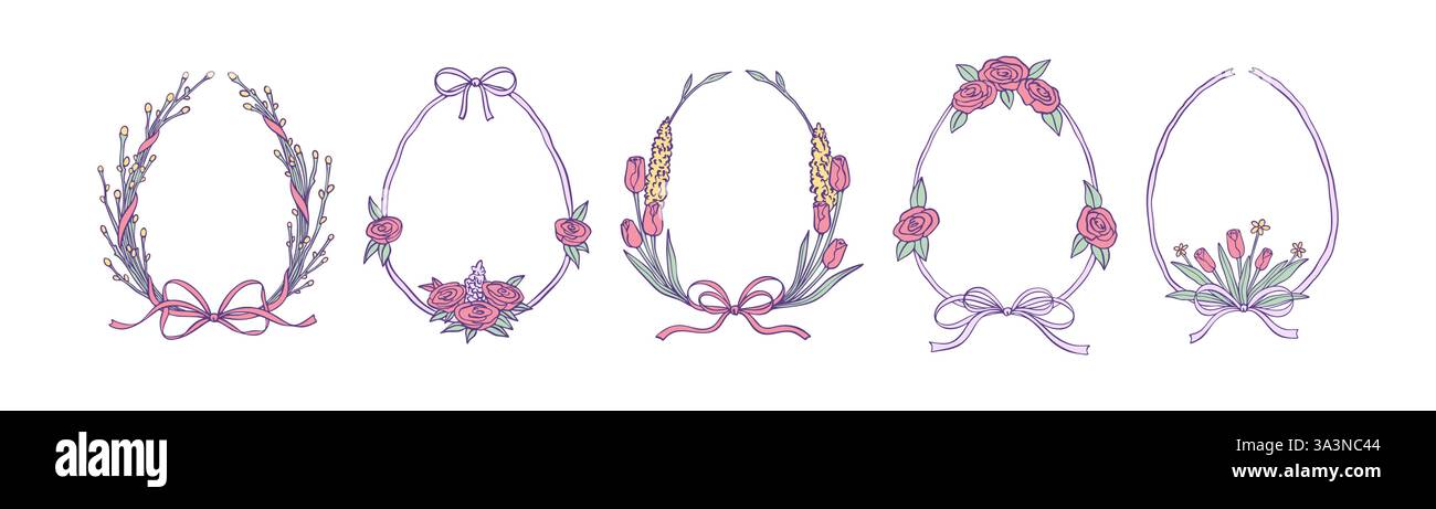 Set of springflower hand drawn doodle Easter egg frames. Whimsical bow ...