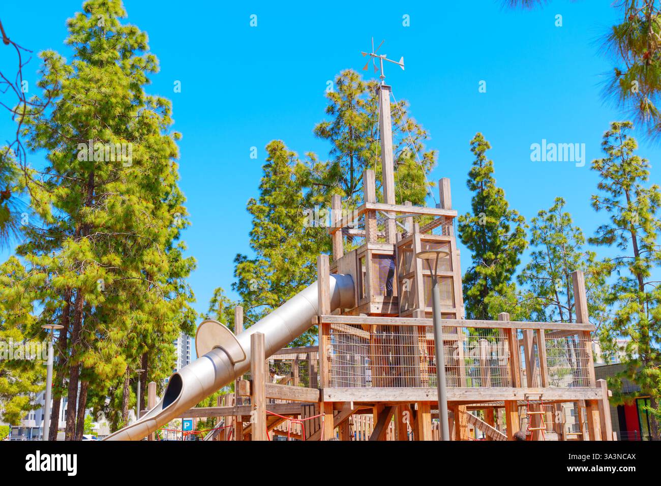 San Diego, California - April 17, 2024: Playground structure features ...