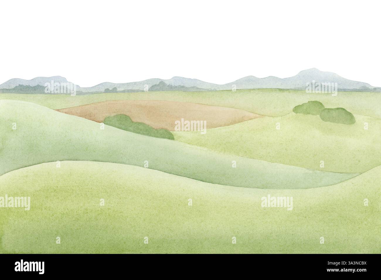 Simple green hills and fields watercolor illustration isolated on white ...