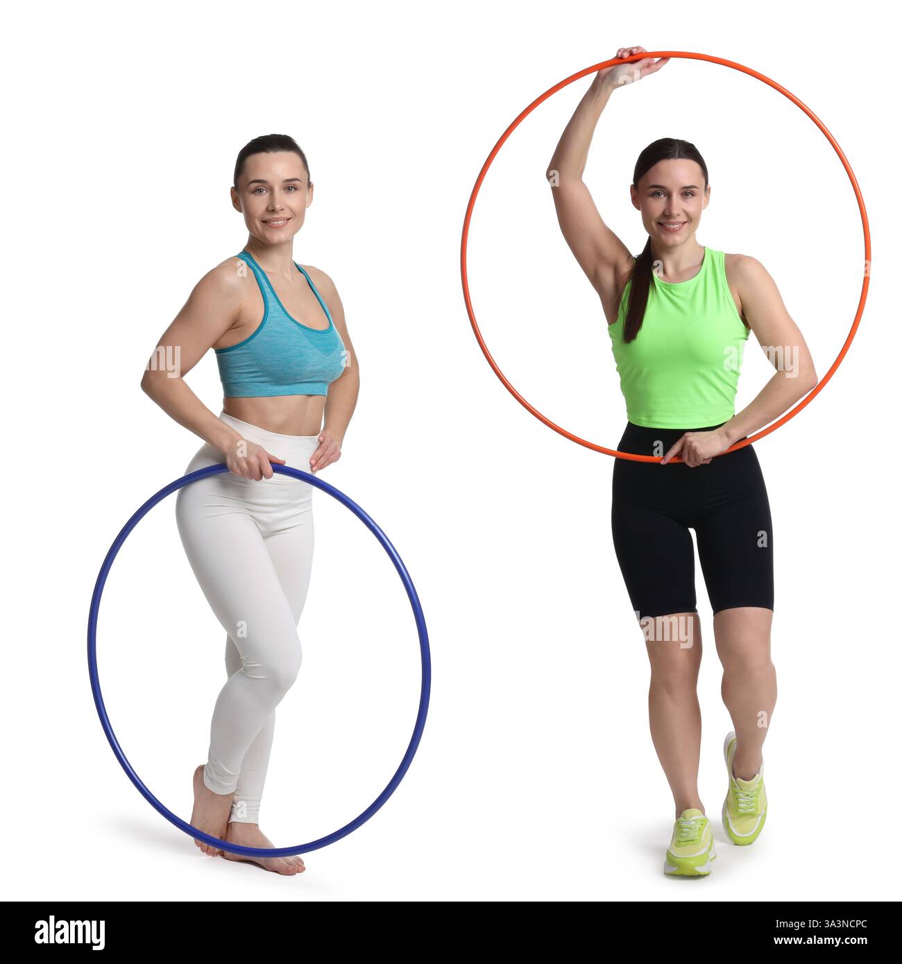 Beautiful young woman with hula hoops on white background, collage ...