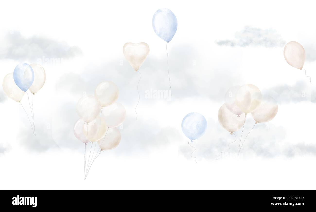 Light blue and beige air balloons in fluffy clouds. Watercolor digital ...