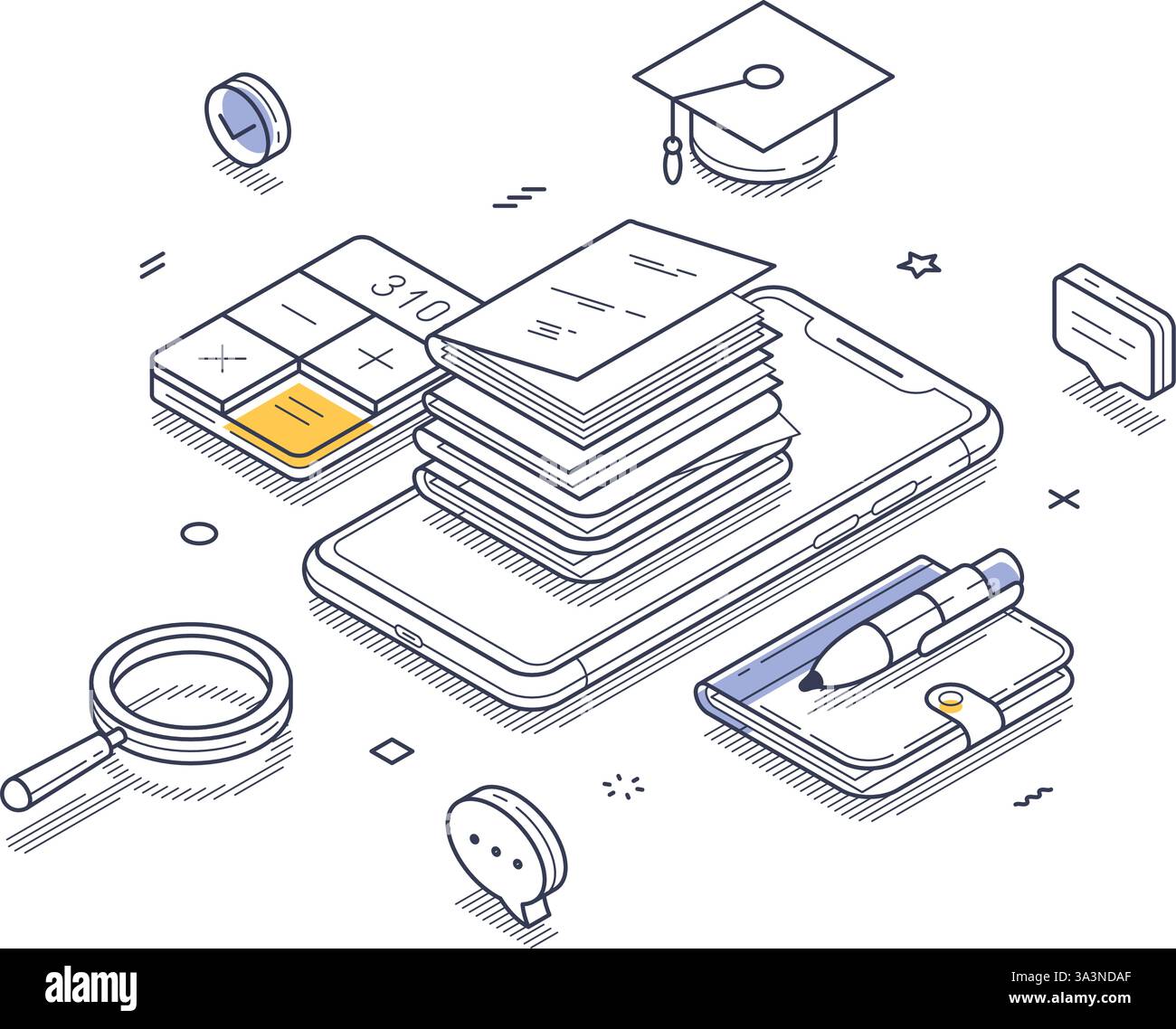 Isometric line art illustration captures various elements of online education, including a ...